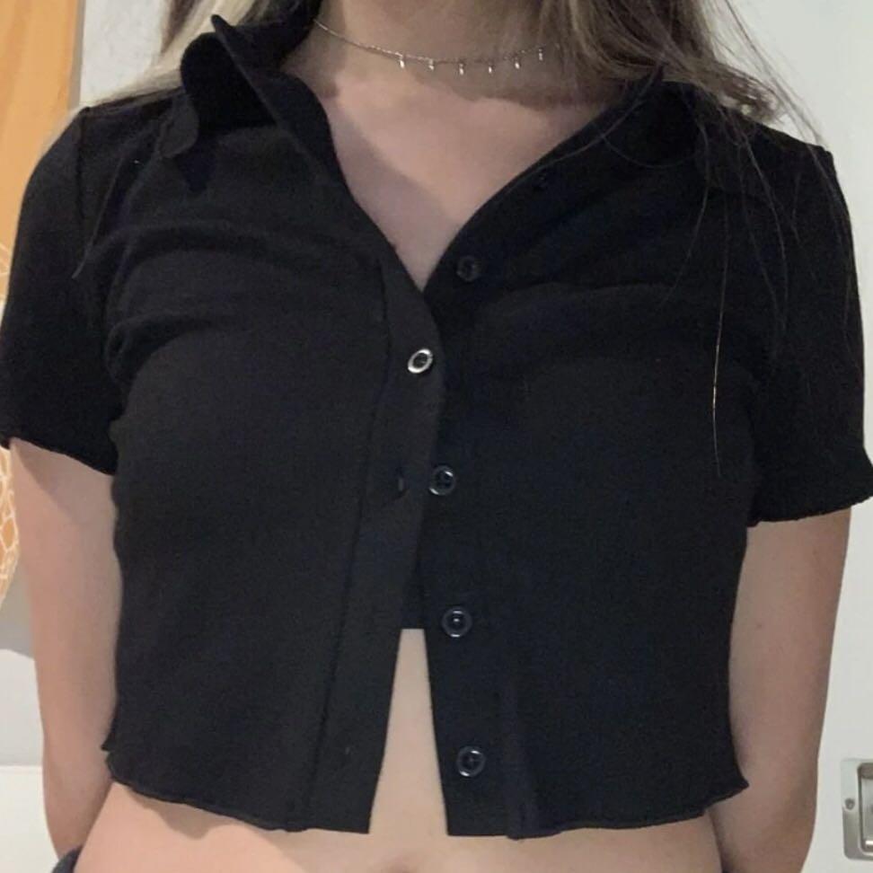 Shein Collared Buttoned Rib Knit Crop Top Womens Fashion Tops