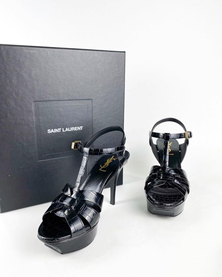 YSL Tribute 75 Black High Heels Sandals croc embossed, Luxury, Sneakers ...