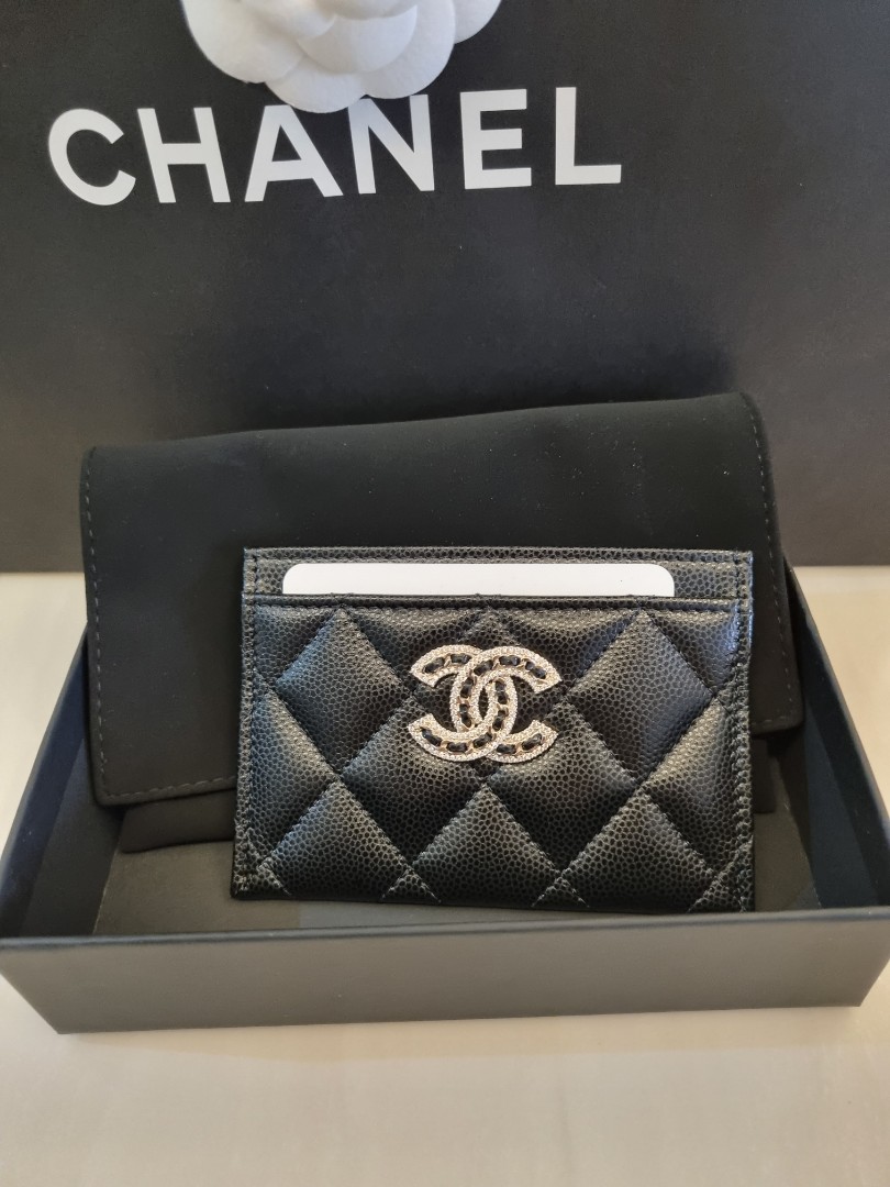 Chanel 22S Card Holder Card Case Shiny CC logo Black Caviar, Women's ...