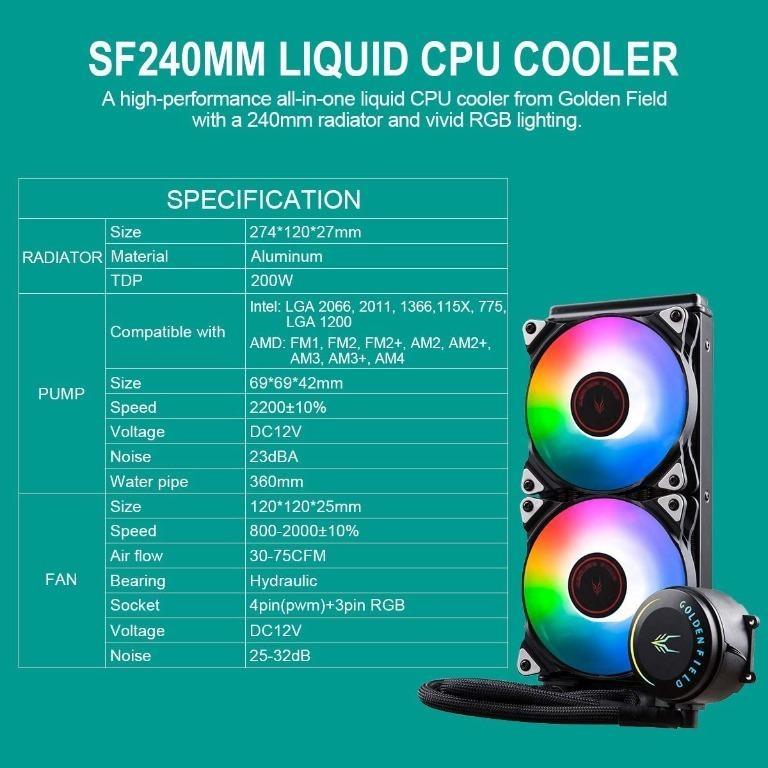 GOLDEN FIELD SF240 RGB All-in-One Liquid CPU Cooler With 240mm Radiator ...