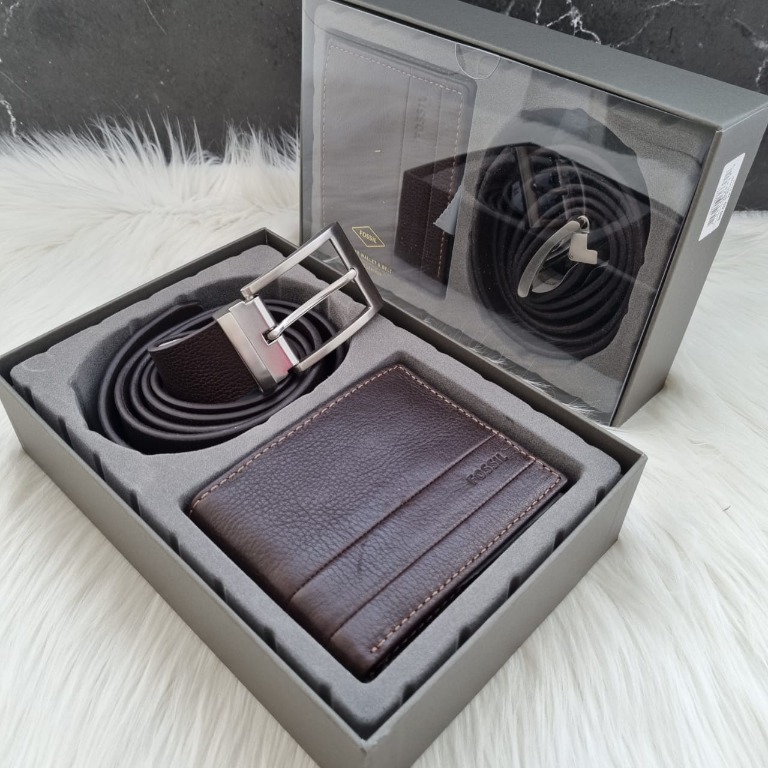 Ready Stock Fossil Enric Gift Set with Box Black and Dark Brown, Fesyen ...