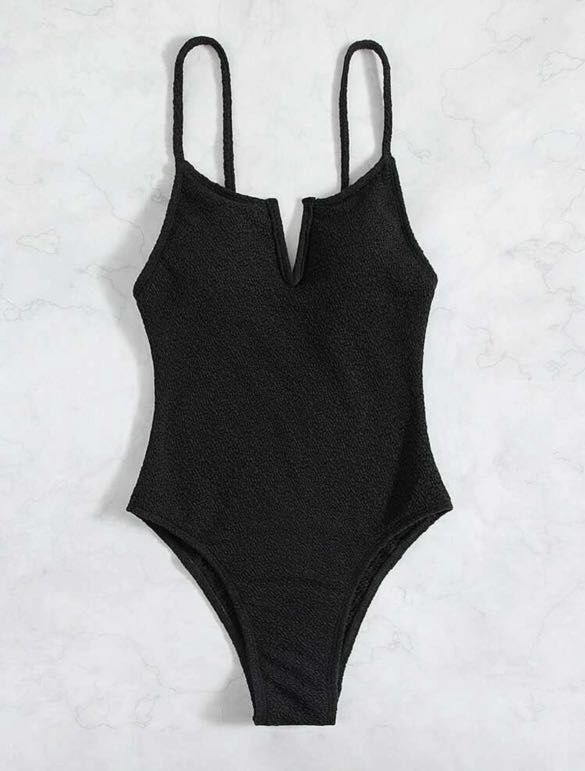 Plain Black Textured One Piece Swimsuit, Women's Fashion, Swimwear ...