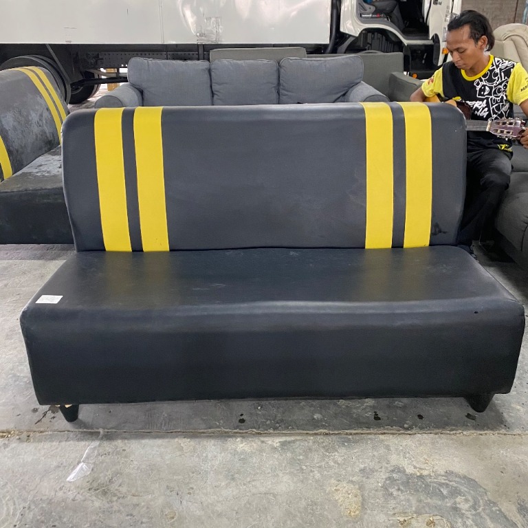 2 Seater Leather Sofa Black Colour with Yellow Stripes / Sofa Kulit 2 ...