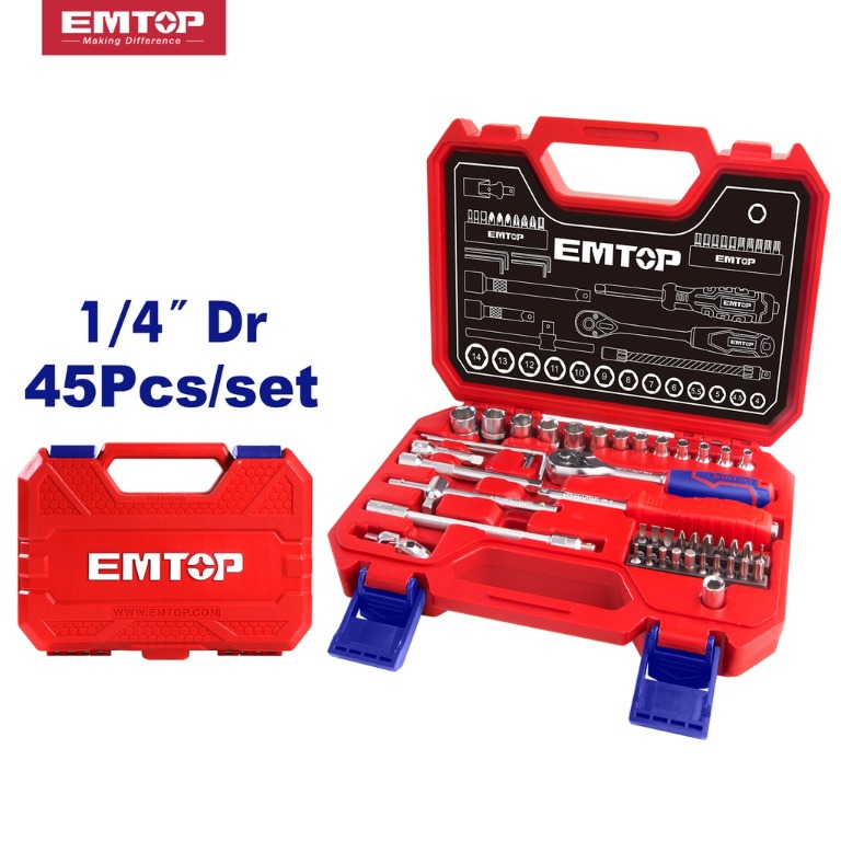 EMTOP 45 pcs 1/4" Combination Driver Socket Set with Ratchet Torque ...
