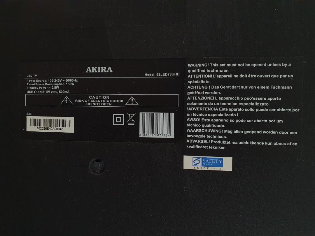 Akira 58 inch LED TV, TV & Home Appliances, TV & Entertainment, TV on Carousell