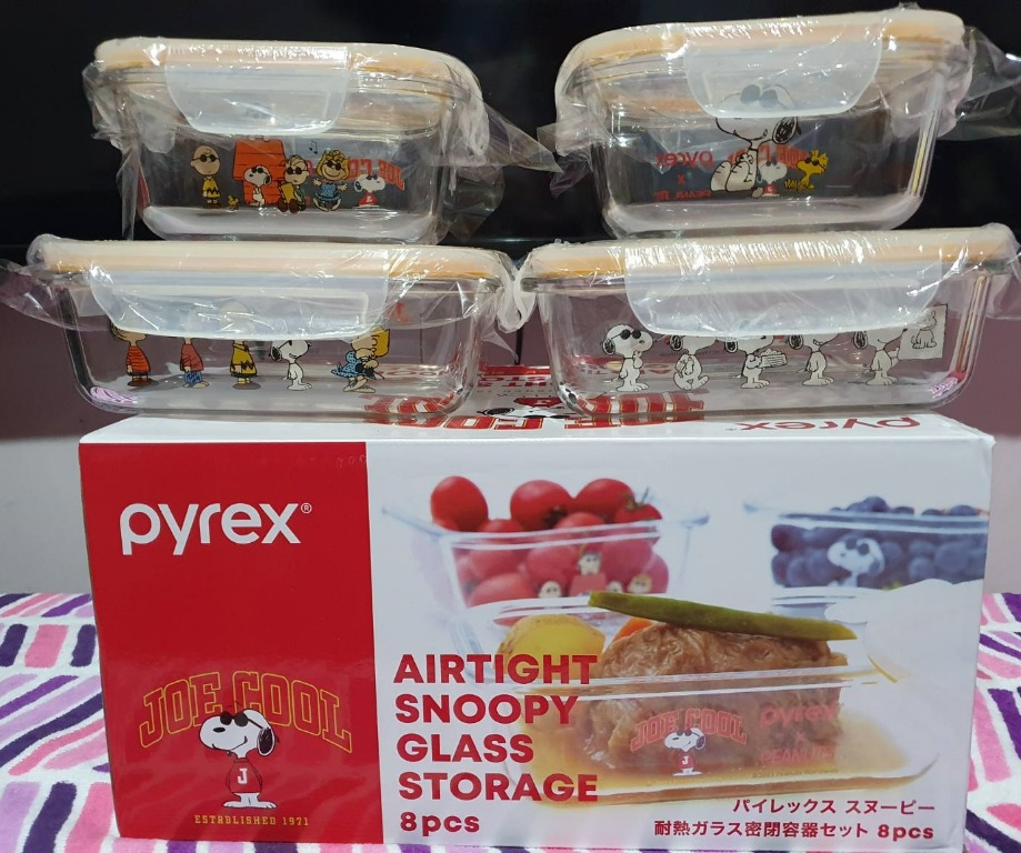 Pyrex Snoopy 8 Pc Set 2x Rectangular 630ml 2x Square 510ml with 4 Lids ...