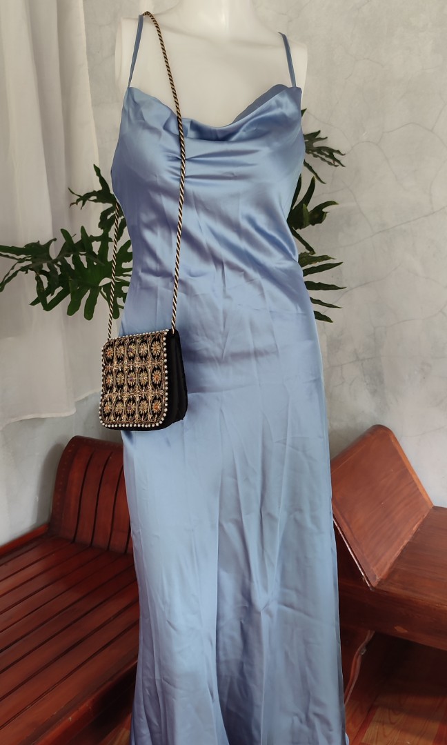 SHEIN powder blue silk cowl neck maxi dress, Women's Fashion, Dresses ...