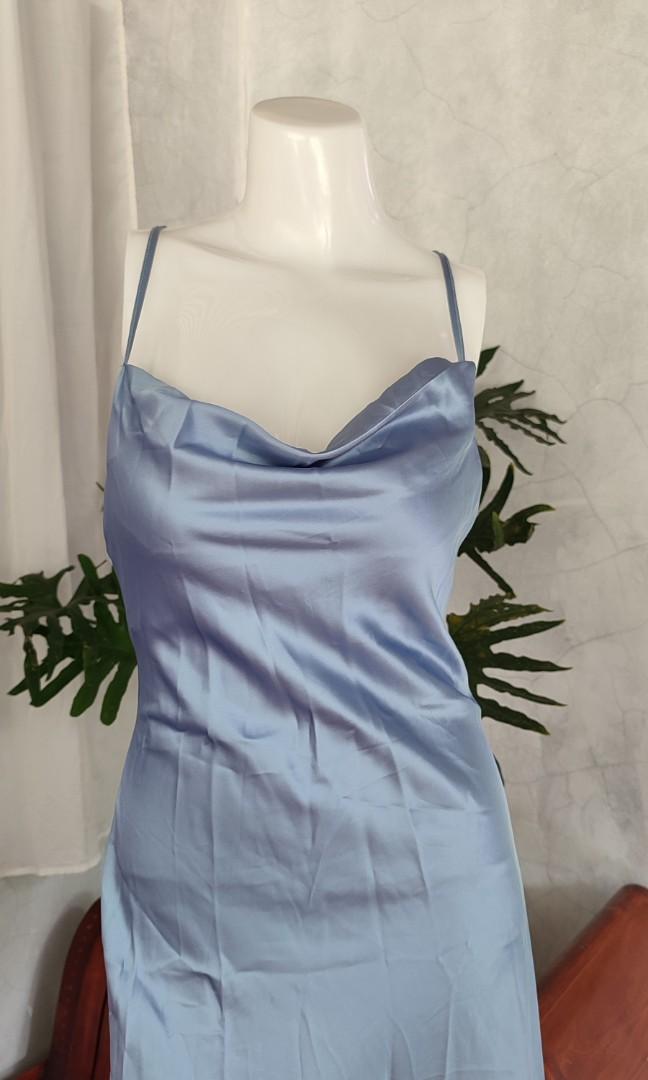 SHEIN powder blue silk cowl neck maxi dress, Women's Fashion, Dresses ...