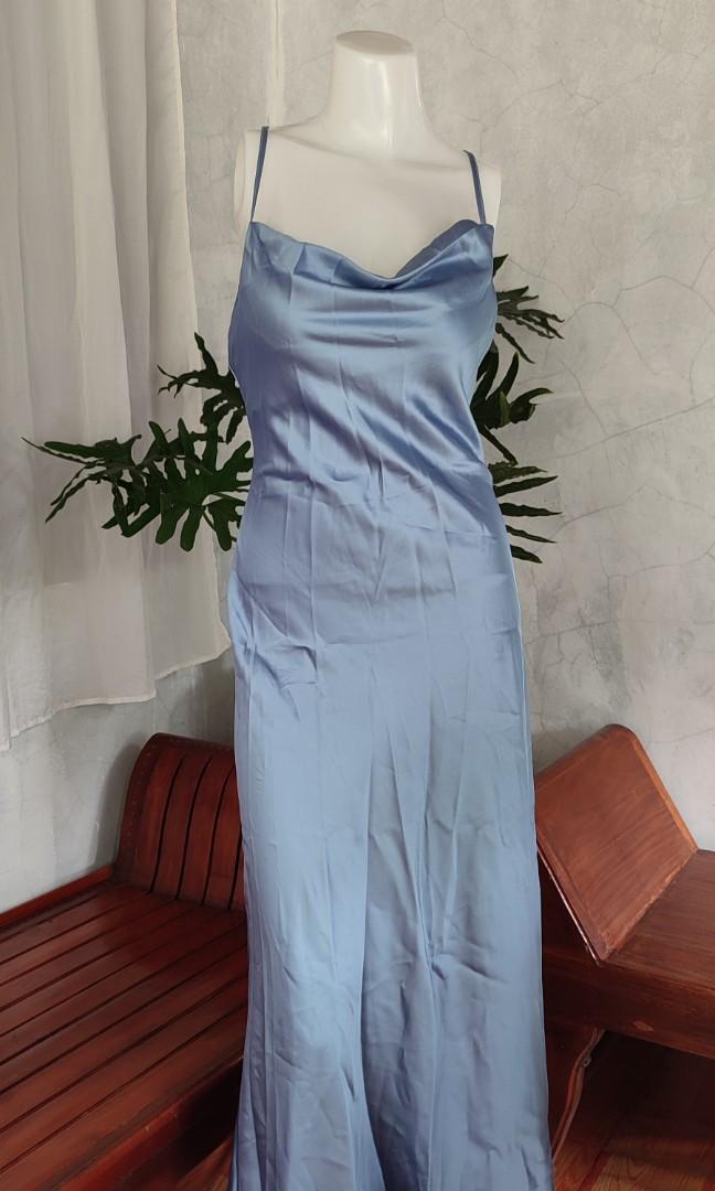 SHEIN powder blue silk cowl neck maxi dress, Women's Fashion, Dresses ...