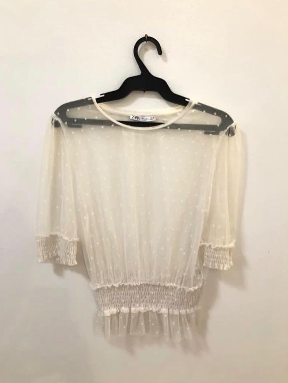 Transparent Zara White polka dot see through top Zara white top floral ...