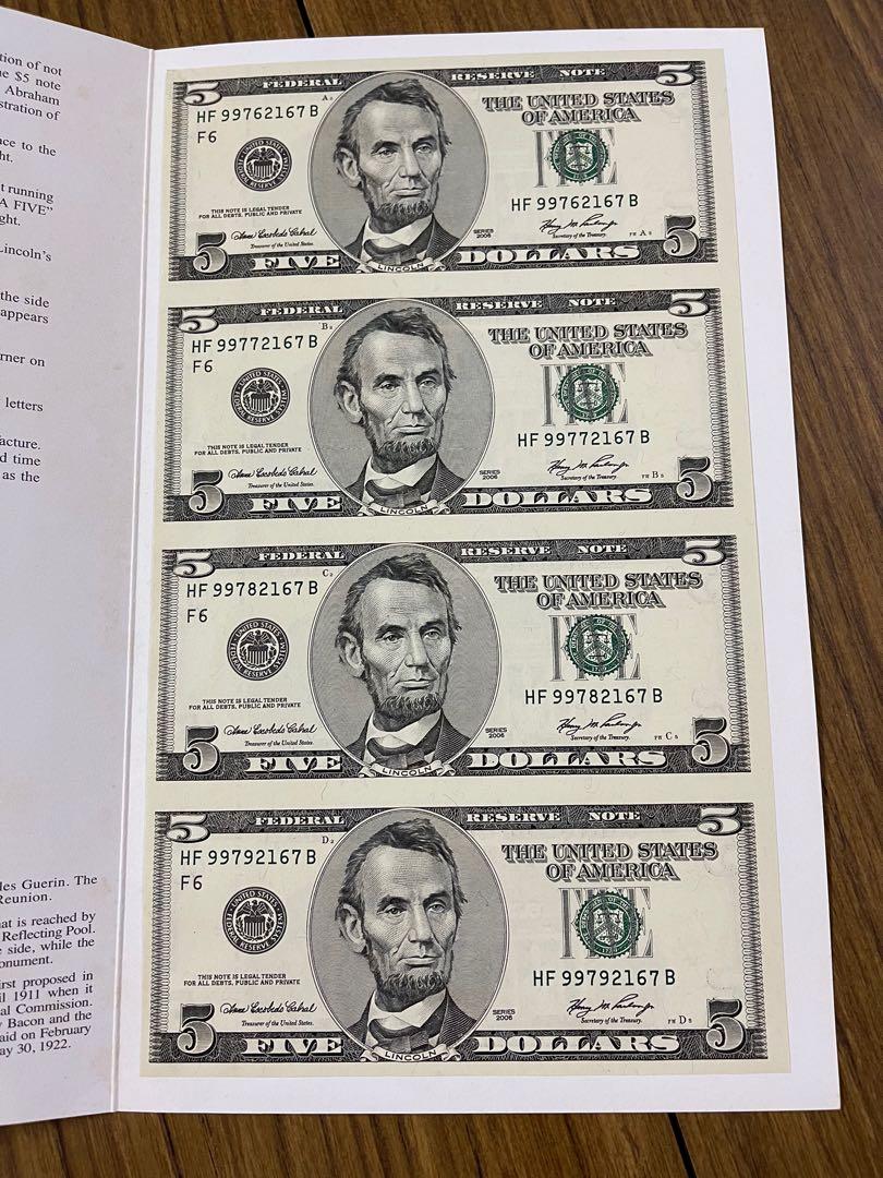 Un-cut US dollar USD 5 notes Series 2006, Hobbies & Toys, Collectibles ...