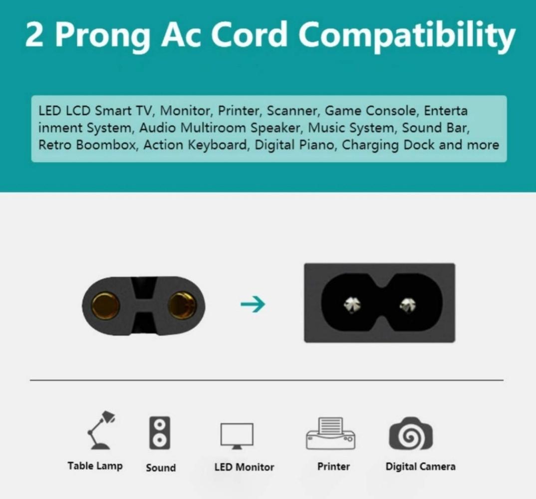 2 Prong 2 Pin Power Supply AC Adapter Cable Cord Black 1.5 meter long ...