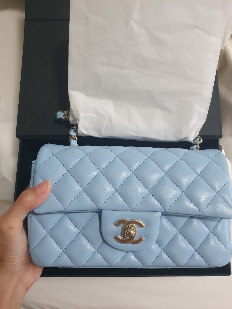 Rare Chanel classic mini rectangle flap 22s lambskin baby blue light ...