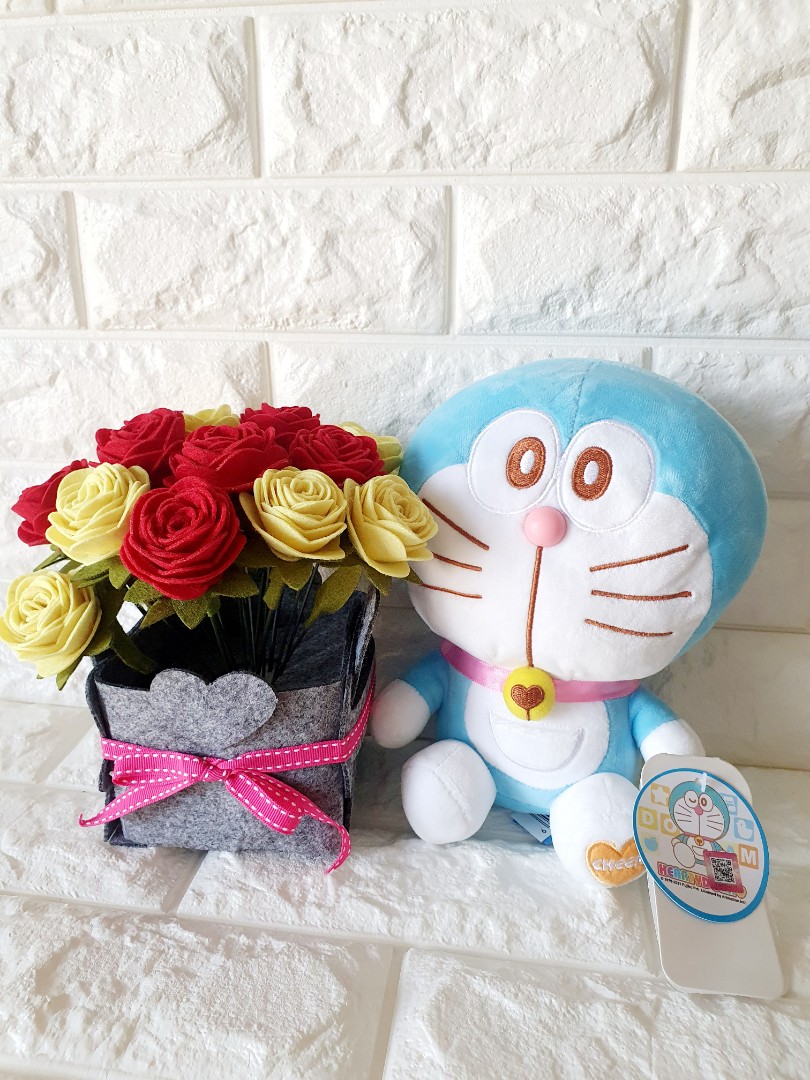 Felt Yellow & Red Roses Flowers Bouquet With Doremon Soft Toy Plush ...