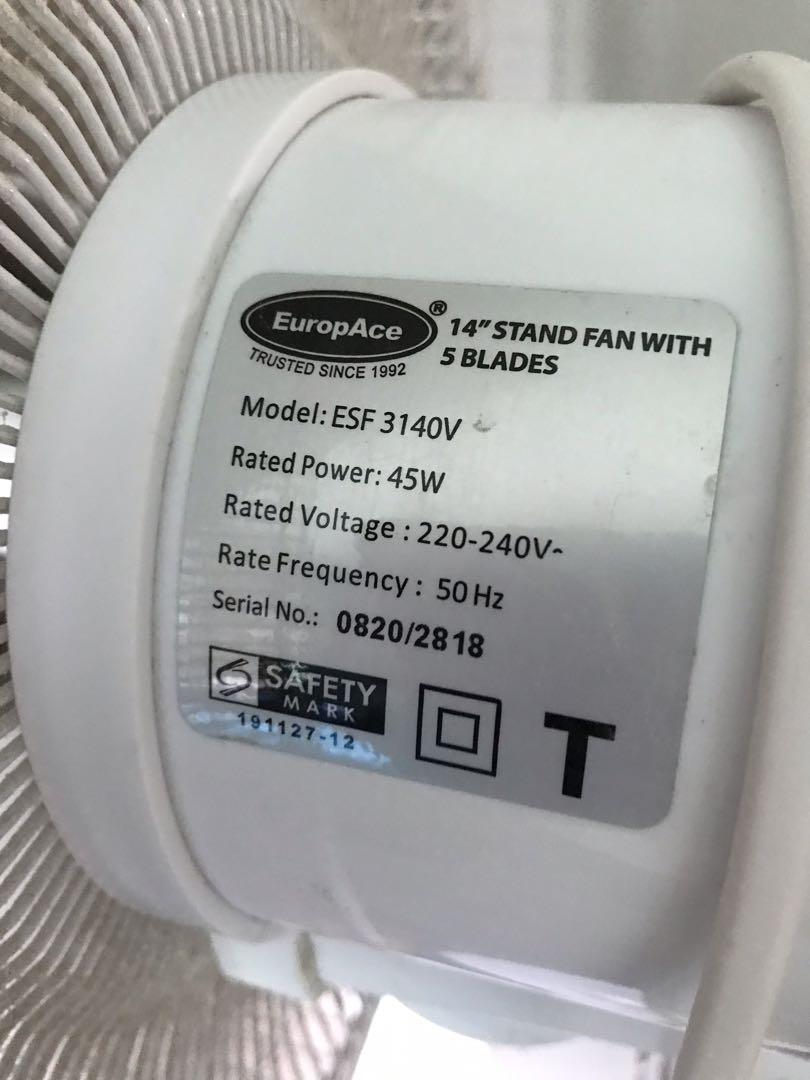 Europace . 14" standing fan . 5 blade., Furniture & Home Living ...