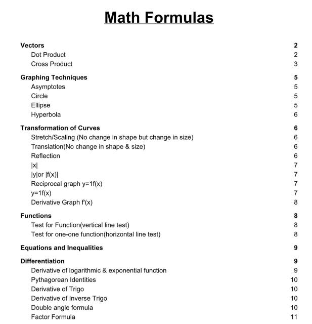 JC H2 Math Formulas Summary Printed Notes (all done for you), Hobbies ...