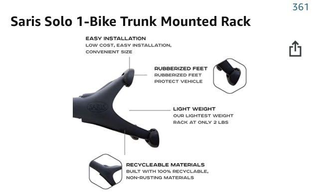 Saris Solo 1-Bike Trunk Mounted Rack, Sports Equipment, Bicycles ...