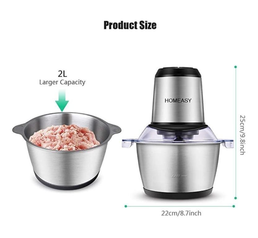 Homeasy Meat Grinder, Food Chopper 2L Stainless Steel Food Processor for Meat, Vegetables ...