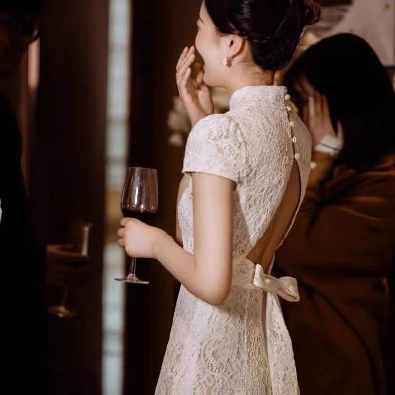 (Can customise) Premium Chinese champagne full lace open back qipao ...