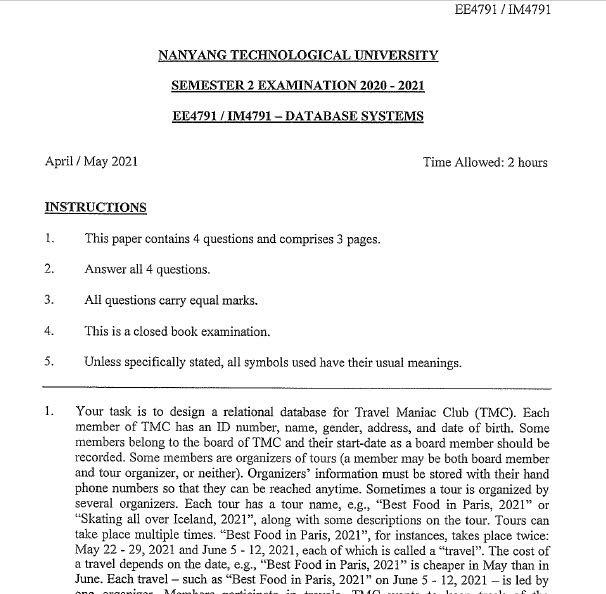 EE4791 Database Systems PYP/assignment/Project/Quiz NTU EEE, Hobbies ...