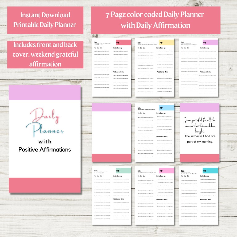Printable Colored 7-Page Planner with Affirmations for Daily Use | A4 ...