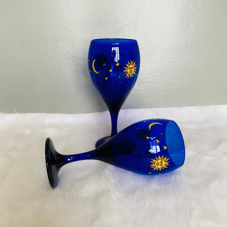 Libbey Cobalt Blue Celestial Sun Moon Stars Goblet Wine Glass ...