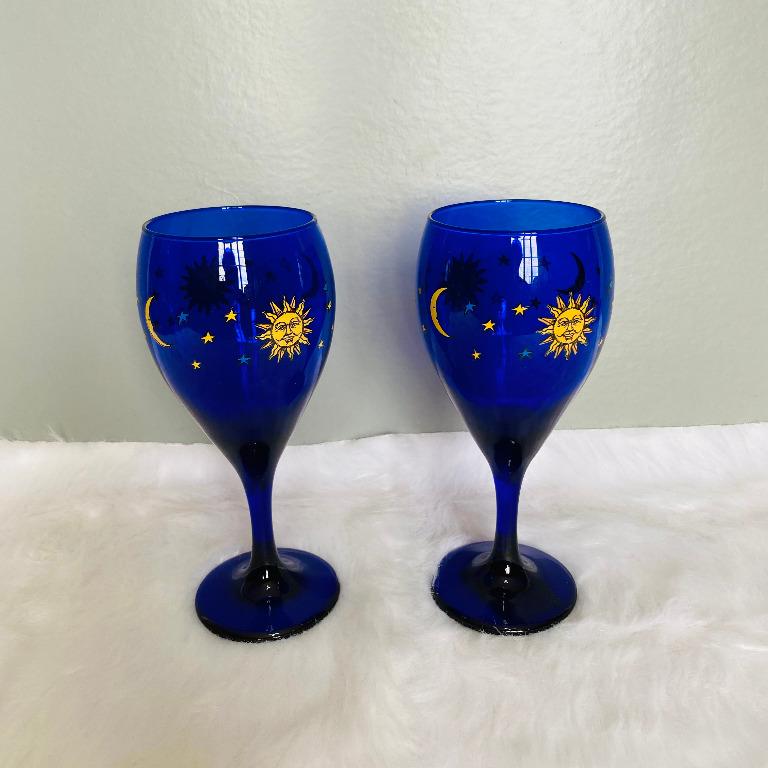 Libbey Cobalt Blue Celestial Sun Moon Stars Goblet Wine Glass ...