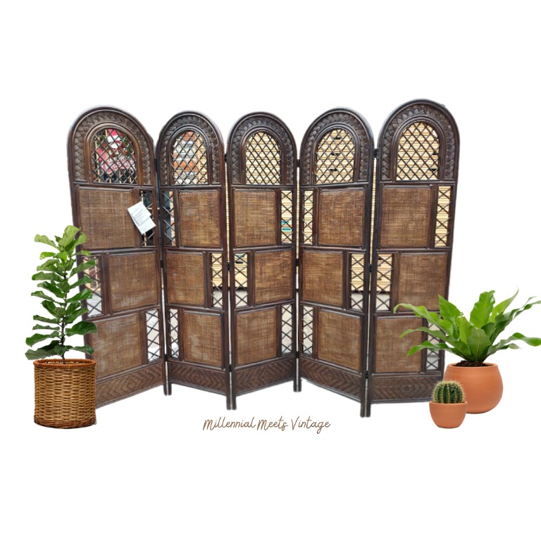 5 panel rattan screen room divider partition rustic farmhouse ...