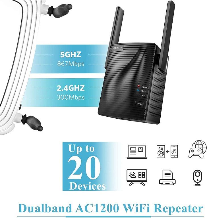 Rockspace AC1200 WiFi Range Extender,1200Mbps Dual Band WiFi booster,2 ...