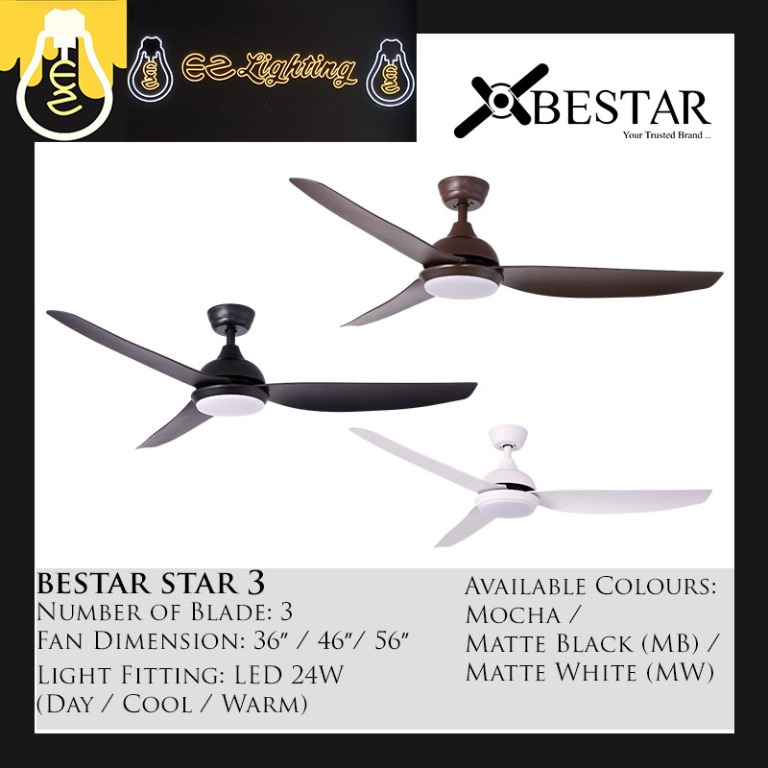 Bestar star-3 DC ceiling fan 3 blade 36"/46"/56" with 3tone LED light ...