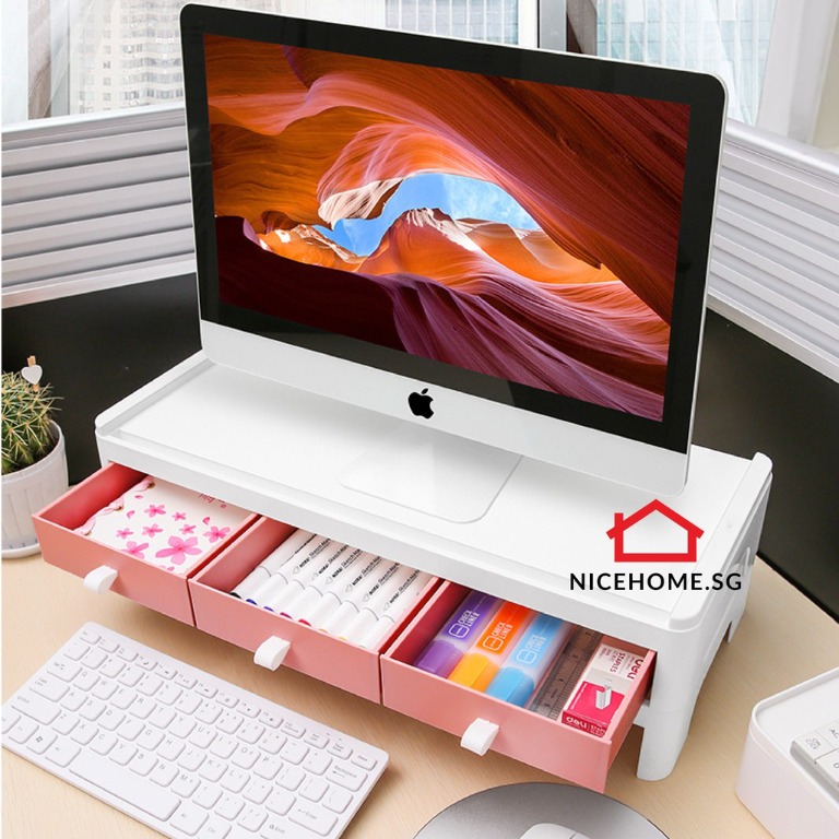 Sturdy PC Desktop Stand with Drawer Organiser Storage Plastic Rack ...