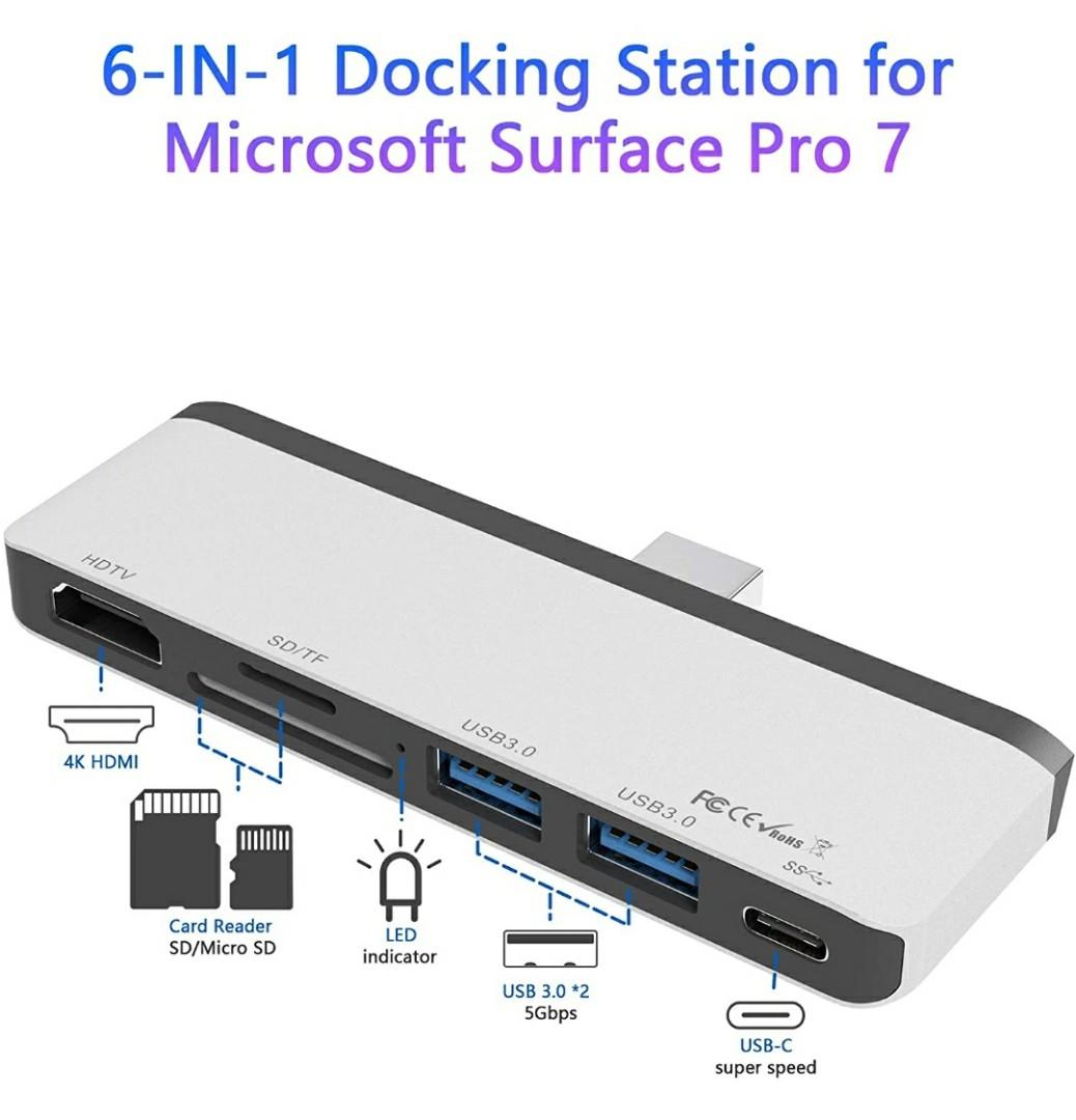 Surface Pro 7 USB C Hub, 6-in-2 Aluminum Surface Pro 2019 Dock with 4K ...