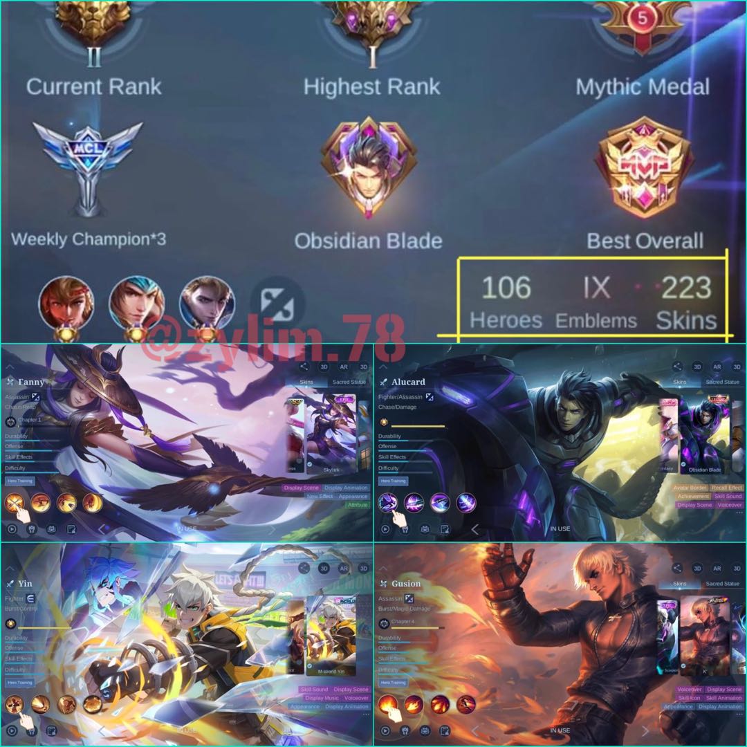 223 SKINS,ALU LEGEND+GUSION K+FANNY EPIC MOBILE LEGENDS ACCOUNT#89 ...