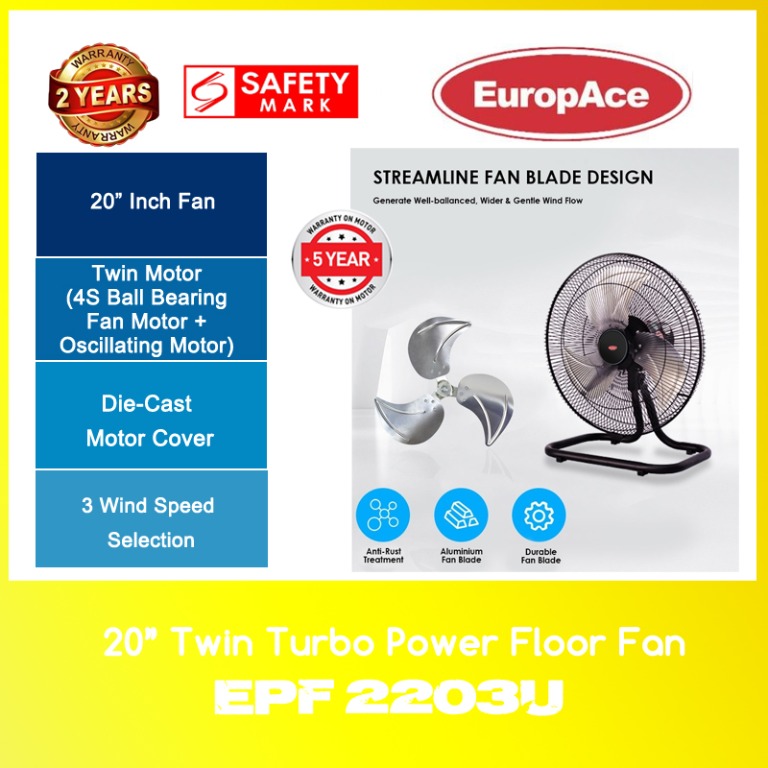 Europace EPF 2203U (20 Inch) 3 Blade Twin Turbo Power Floor Fan WITH 1 ...