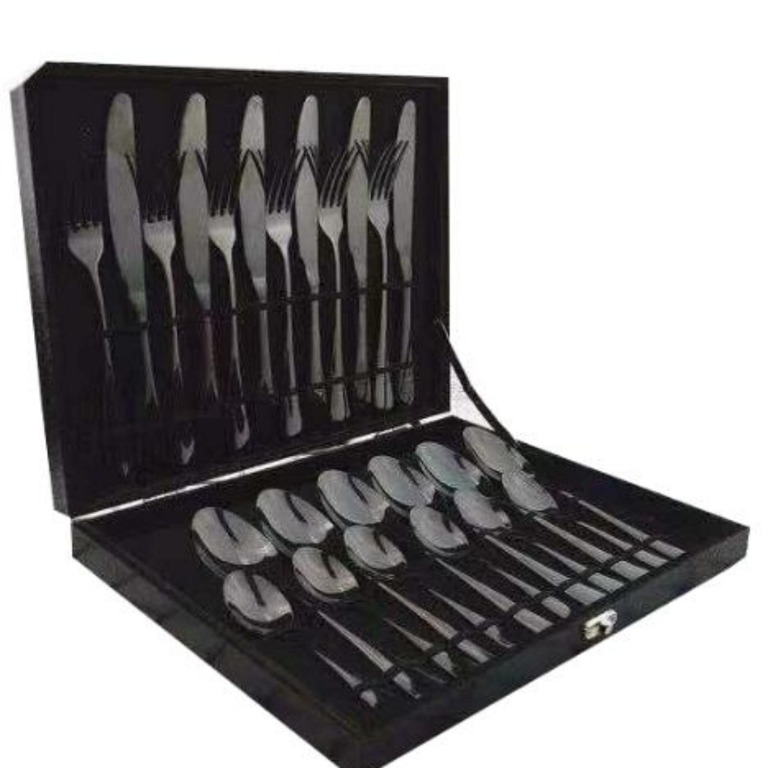 24 Piece Cutlery Set Black, Gift Box Stainless Knife, Spoon and Fork ...