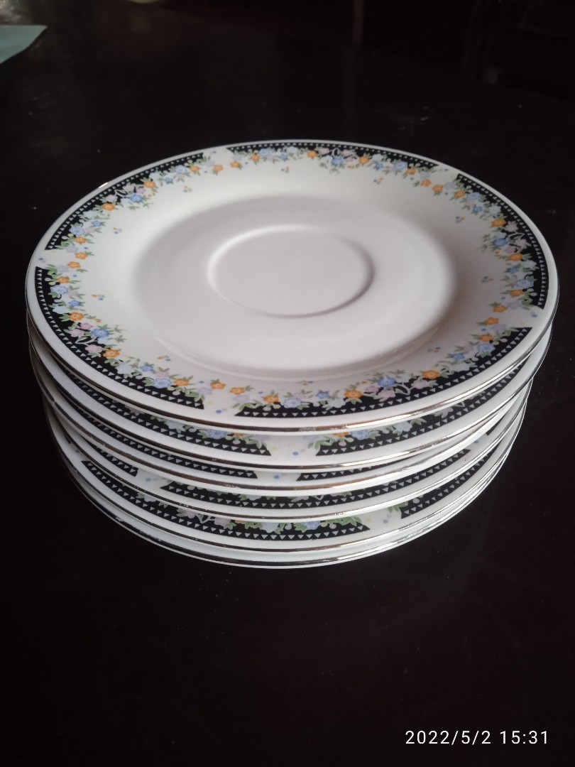 Vintage crown dynasty floral black border 6 pcs cake plate set ...