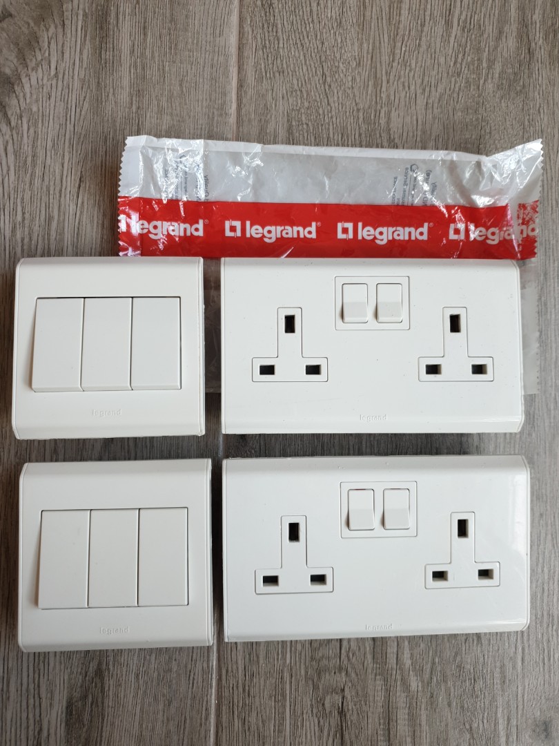 Legrand double power plug switches and 3 gangs 1 way switches, TV ...