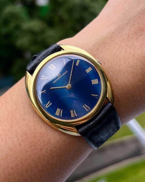 Vintage 1980s Universal Geneve White Shadow in rare blue dial, Luxury ...