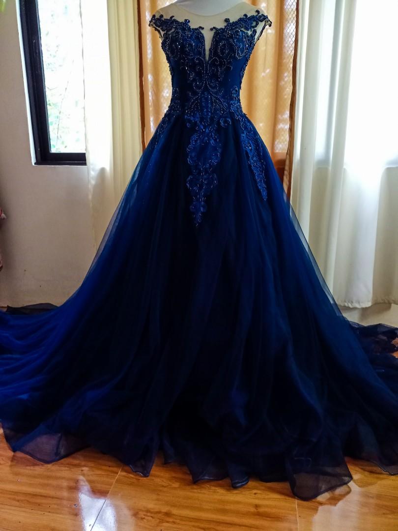 Beautiful long trail midnight blue ball gown, Women's Fashion, Dresses ...