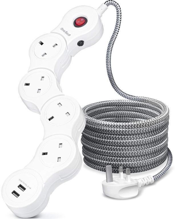 Flexible Extension Lead with USB Slots, 4 Way Outlets Power Strip 2 USB ...