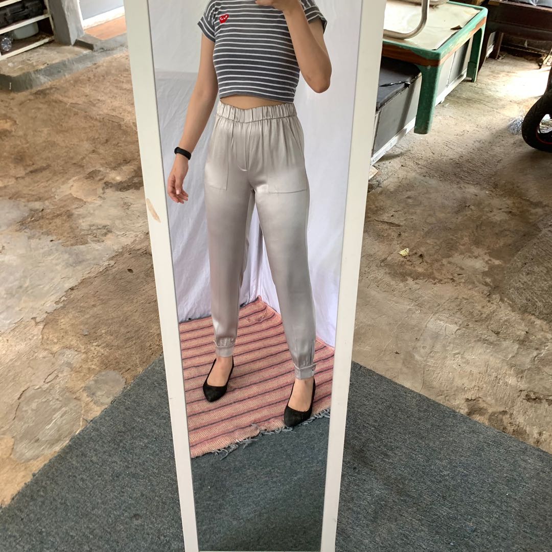 Celana Highwaist Polo Silk Satin Korean Pants, Fesyen Wanita, Pakaian ...
