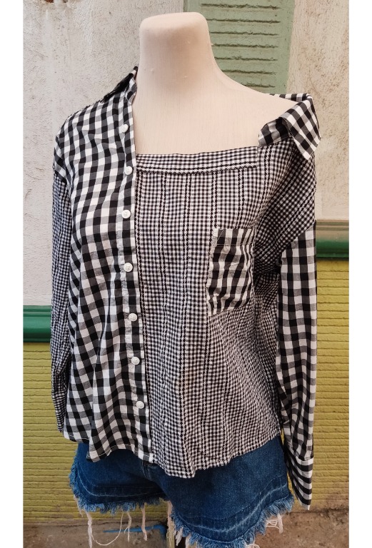 Pre-loved Korean Half Off Shoulder Checkered, Women's Fashion, Tops ...
