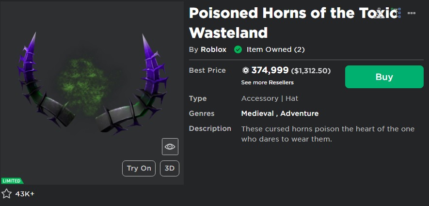 NEW ROBLOX LIMITED ITEM POISON HORNS CHEAPEST RATE MULTIPLE STOCK ...