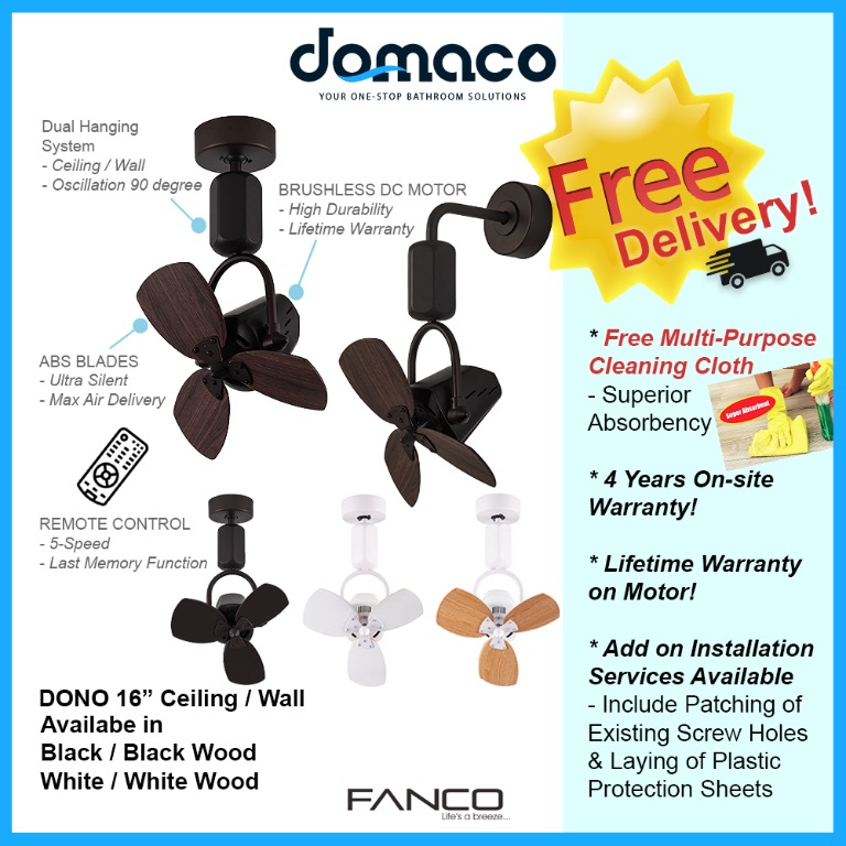 Fanco Dono 16" DC Wall/Ceiling Fan with Remote, Furniture & Home Living ...