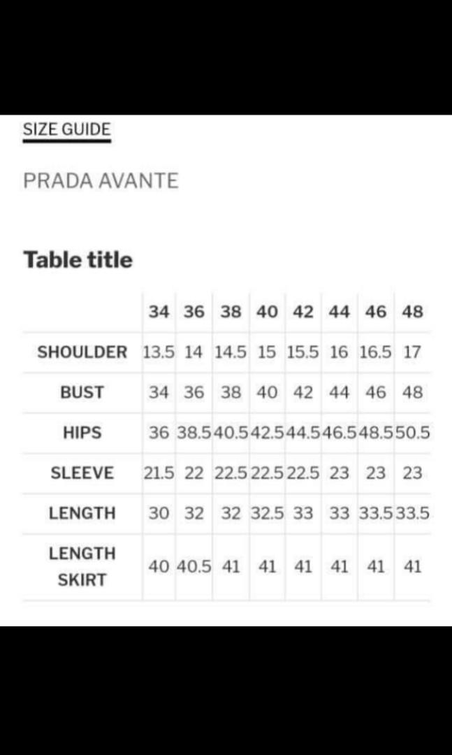 prada clothes size chart