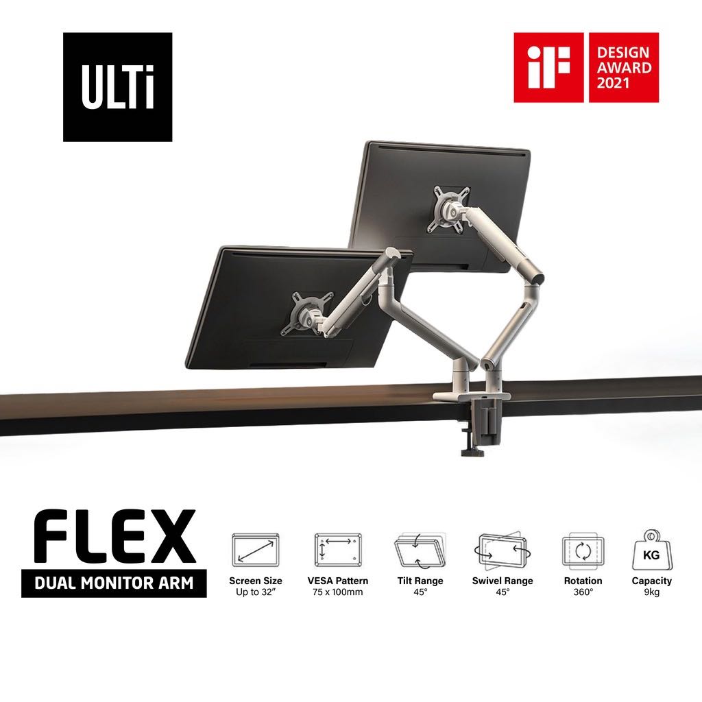 ULTi Flex Dual White Monitor Arm, Height Adjustable Mechanical Spring ...