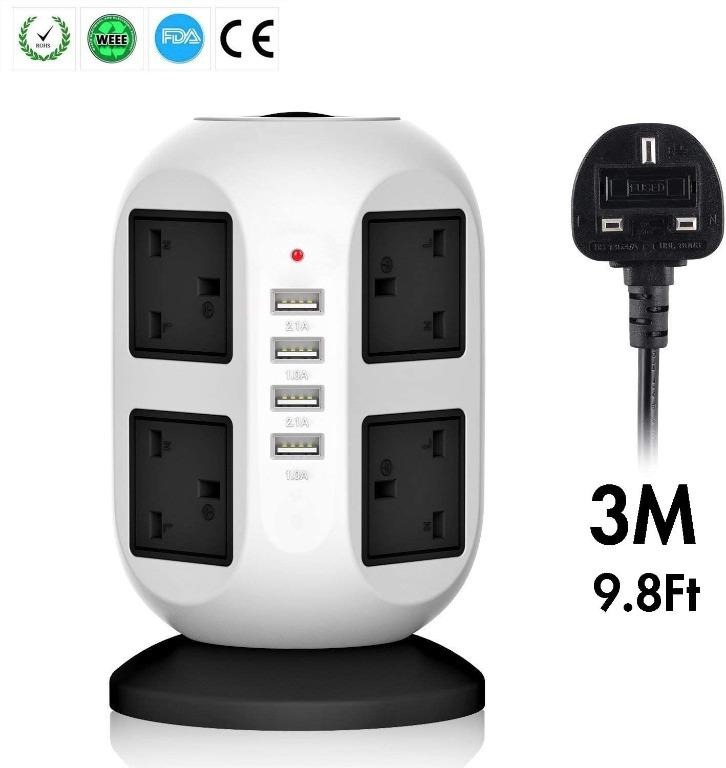A278 3M/9FT Tower Extension Lead [4 USB Ports 8 Way Outlets] with Surge Protection, Universal ...