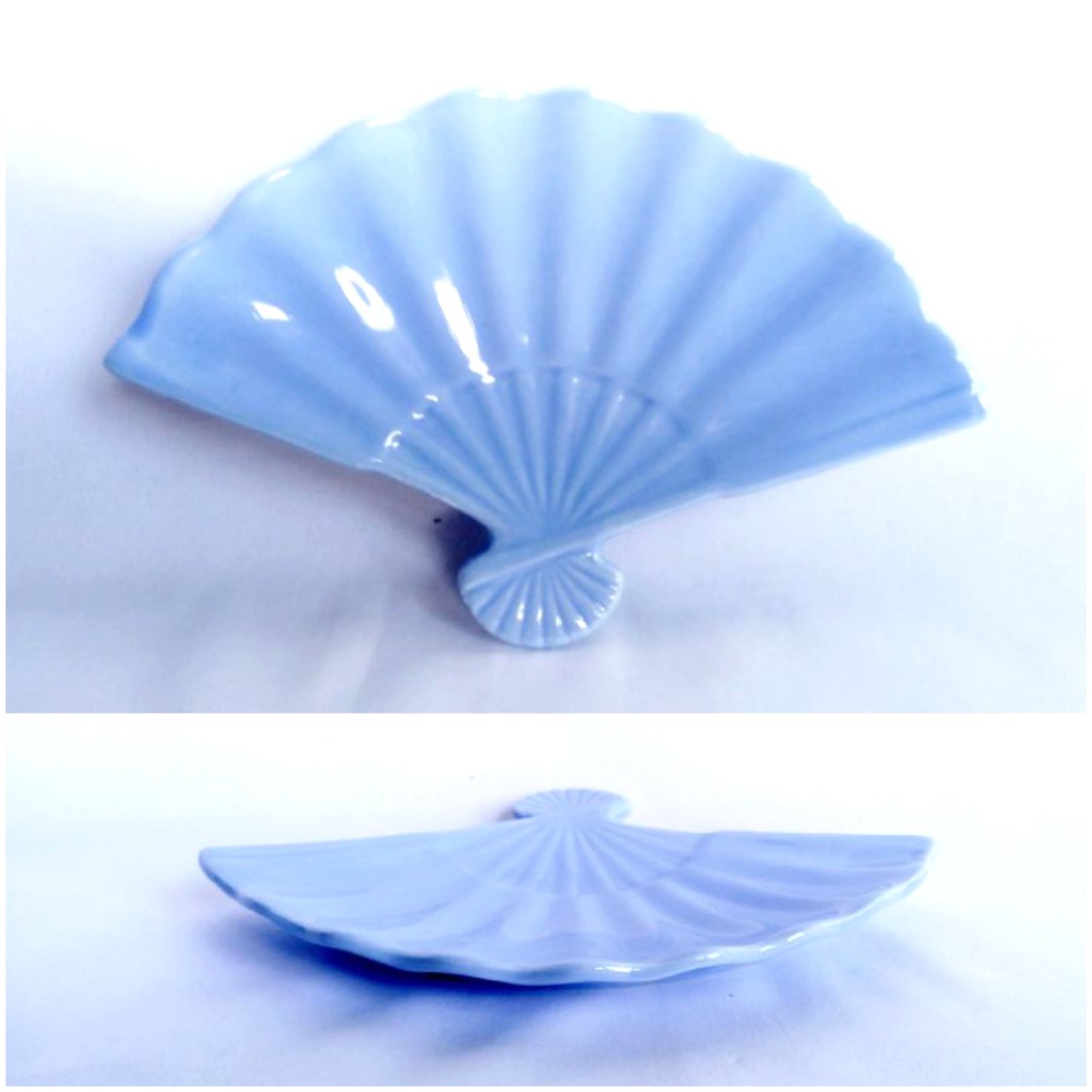 Fan soap or trinket dish, glazed porcelain, sky blue, 4.5 in. L x 7 in ...