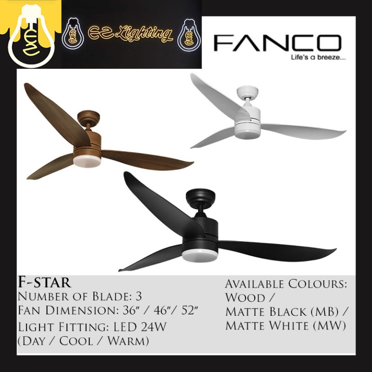 Fanco F-star DC Ceiling Fan 36/46/52" with 3 tone led light and remote ...