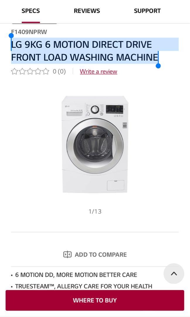 LG 9KG 6 MOTION DIRECT DRIVE FRONT LOAD WASHING MACHINE, TV & Home ...